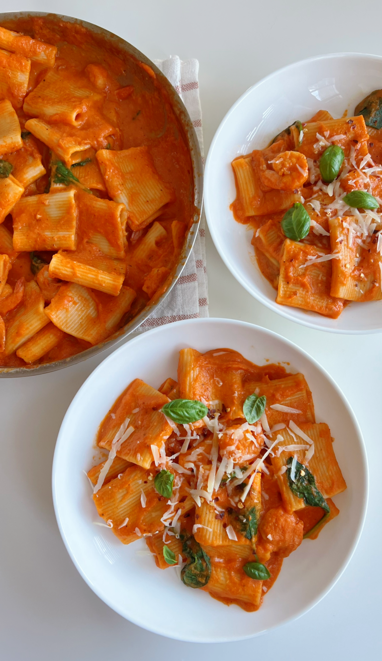 Roasted Red Pepper Pasta with Shrimp - Cup of Liv Kitchen